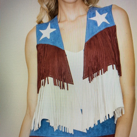 Vocal | Jackets & Coats | Vocal Suede Feel Waist Length Western Vest Red White And Blue Fringe ...